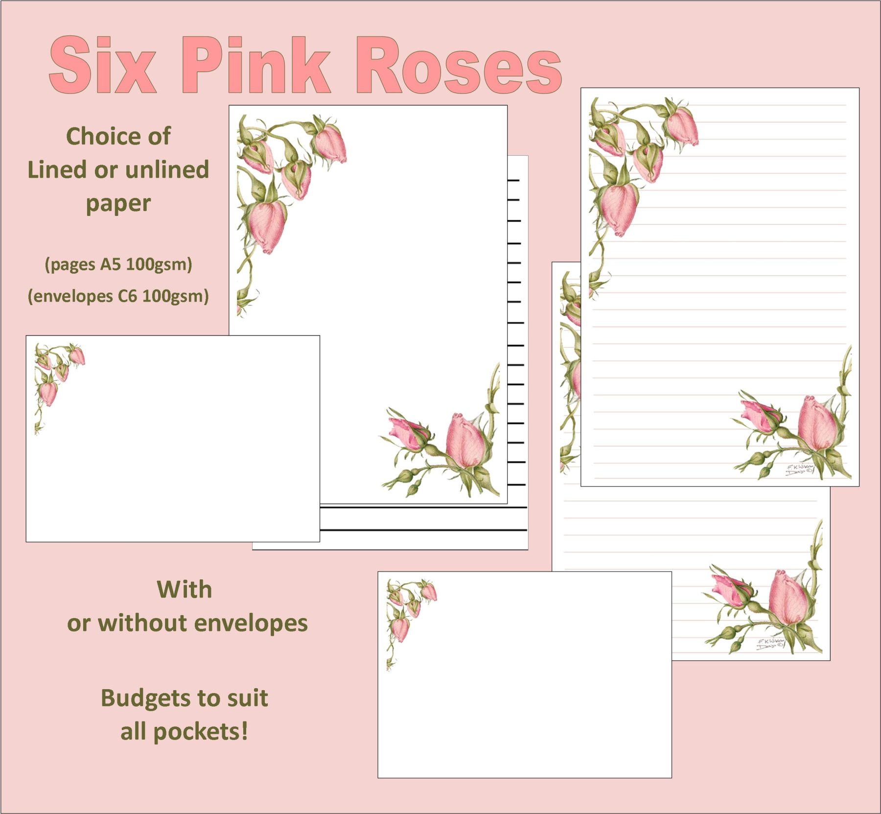 "Six Pink Roses" - Beautiful Writing Sets